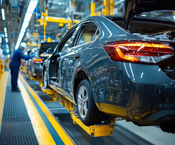 Modern Car Assembly Line with Worker and Vehicles Stock Illustration ...