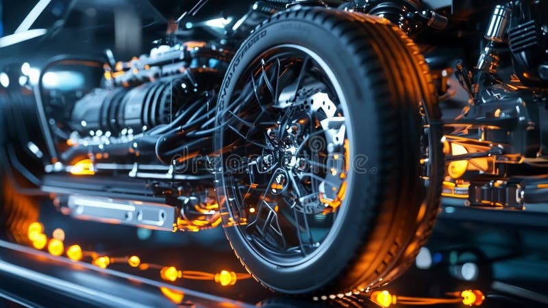 Modern Car Chassis Standing on Assembly Line with Glowing Robots ... Modern Car Chassis Standing on Assembly Line with Glowing Robots ...