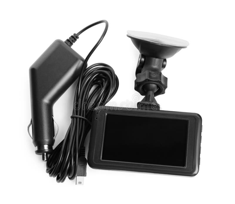 Modern Car Dashboard Camera with Suction Mount and Charger on White ...