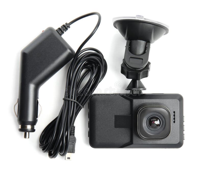 Modern Car Dashboard Camera with Suction Mount and Charger on White ...