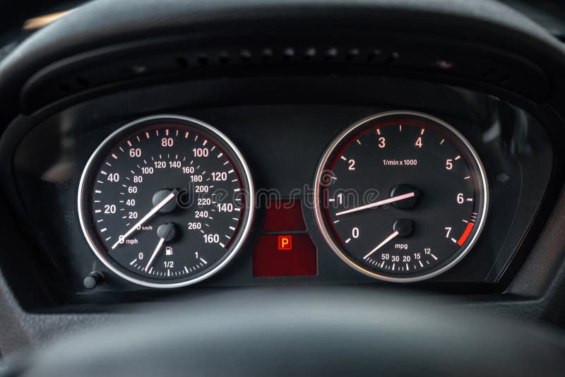Modern Car Dashboard. Close Up. Dual Indicator Speedometer and ...
