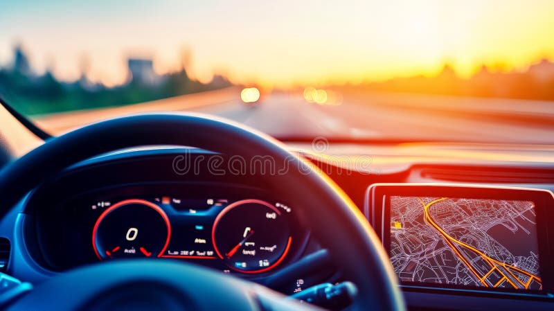 Modern Car Dashboard Displaying Navigation Map during Sunset Commute ...