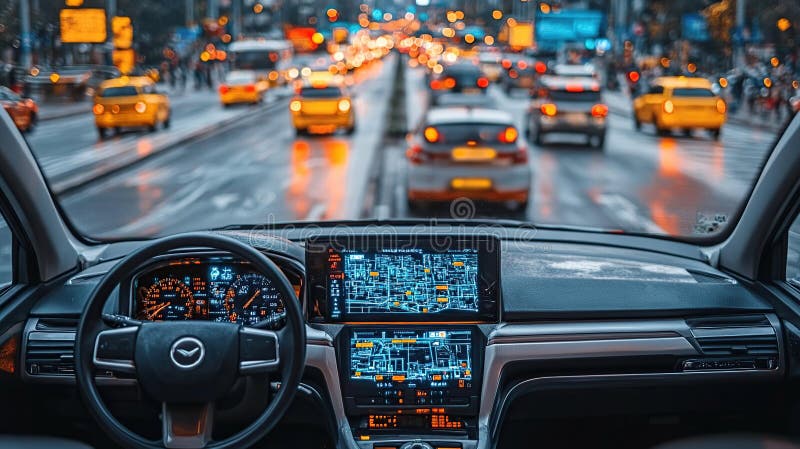 Modern Car Dashboard View of City Street Traffic Stock Illustration ...