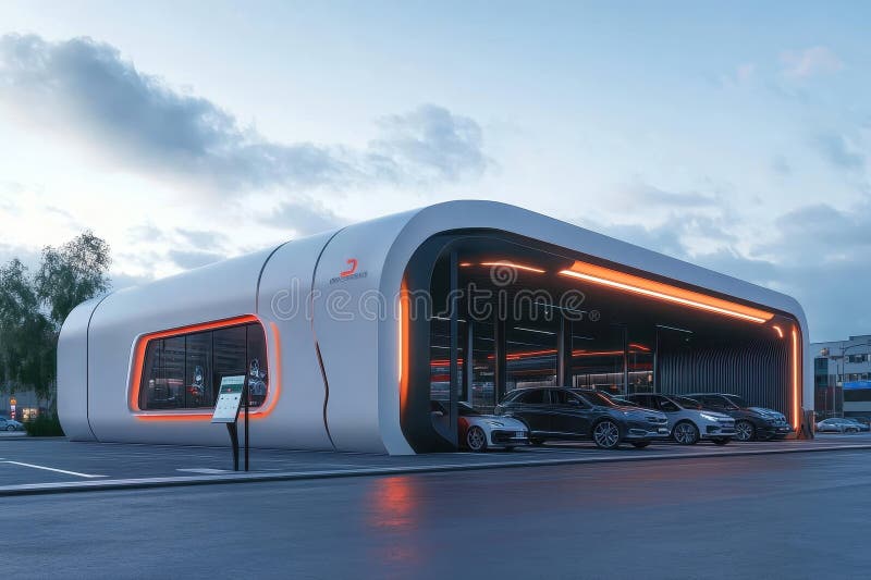 A Modern Car Dealership Featuring Sleek Architecture and Illuminated ...