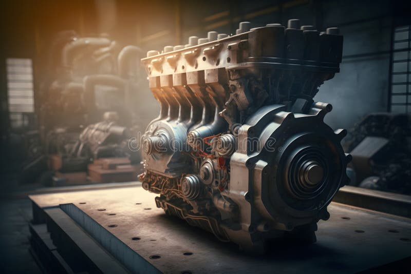 Modern Car Engine Block on Table in Service Room. Neural Network ...