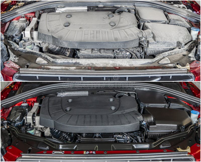 Modern Car Engine, before and after Cleaning Maintenance Stock Photo ...