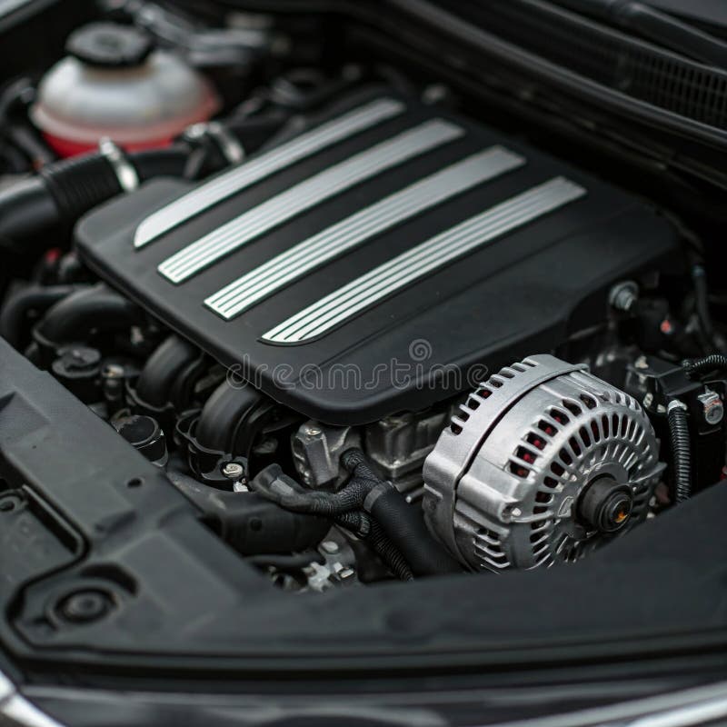 A Modern Car Engine with a Sleek Black Cover and Silver Stripes Stock ...