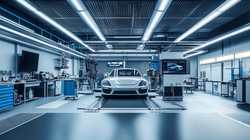 A Modern Car Inspection Bay with Diagnostic Tools and Monitors Stock ...