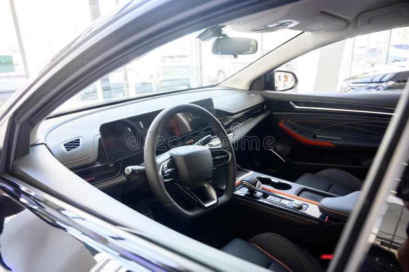 Modern Car Interior with Black Steering Wheel, Digital Instrument Panel ...