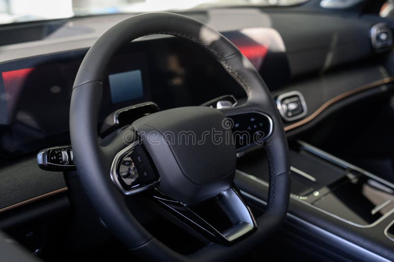Modern Car Interior with Black Steering Wheel, Digital Instrument Panel ...