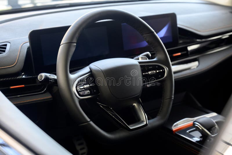 Modern Car Interior with Black Steering Wheel, Digital Instrument Panel ...