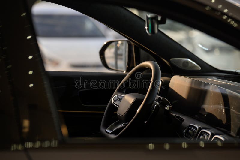 Modern Car Interior with Black Steering Wheel, Digital Instrument Panel ...