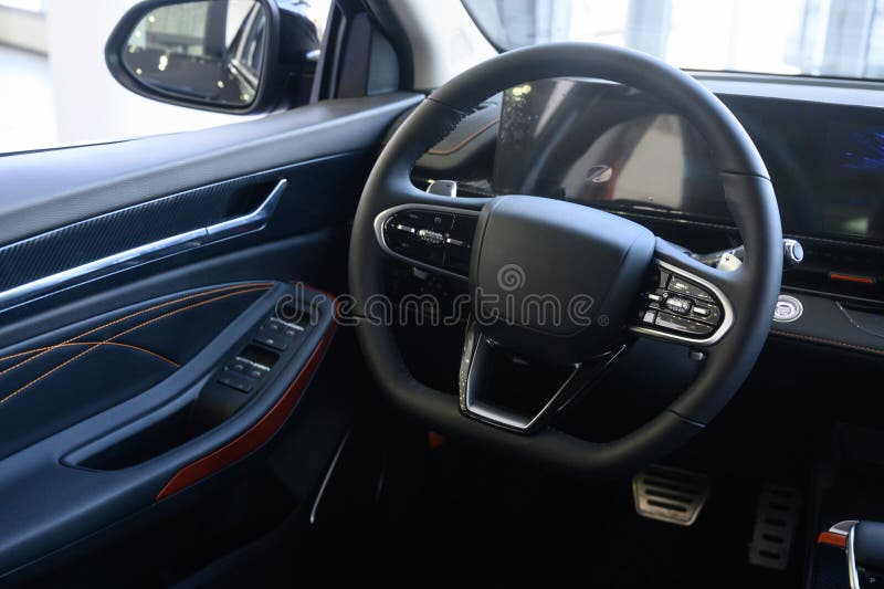 Modern Car Interior with Black Steering Wheel, Digital Instrument Panel ...