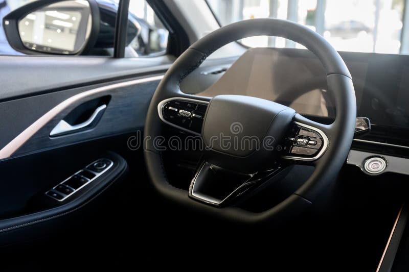 Modern Car Interior with Black Steering Wheel, Digital Instrument Panel ...