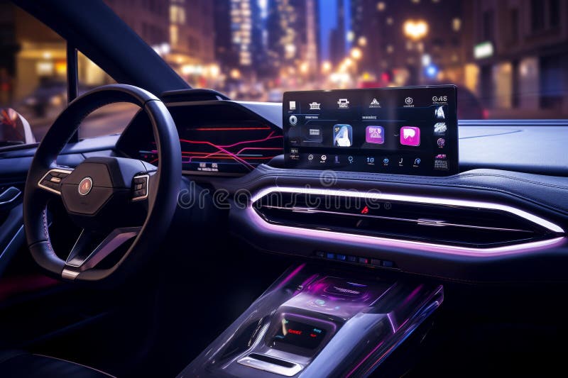 Modern Car Interior with Control Panel, Steering Wheel and Dashboard ...