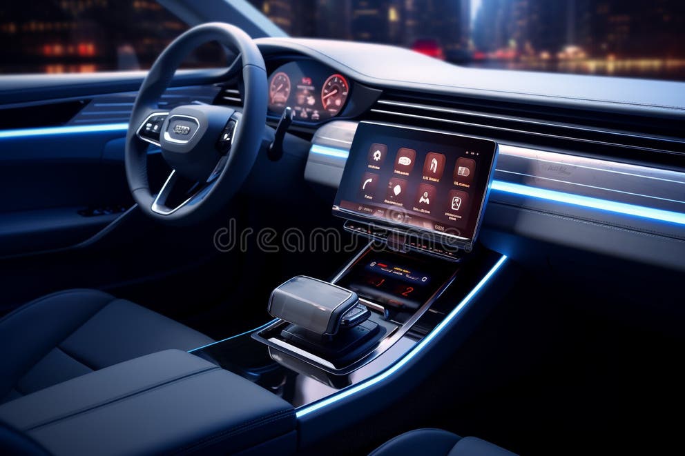 Modern Car Interior with Control Panel, Steering Wheel and Dashboard ...