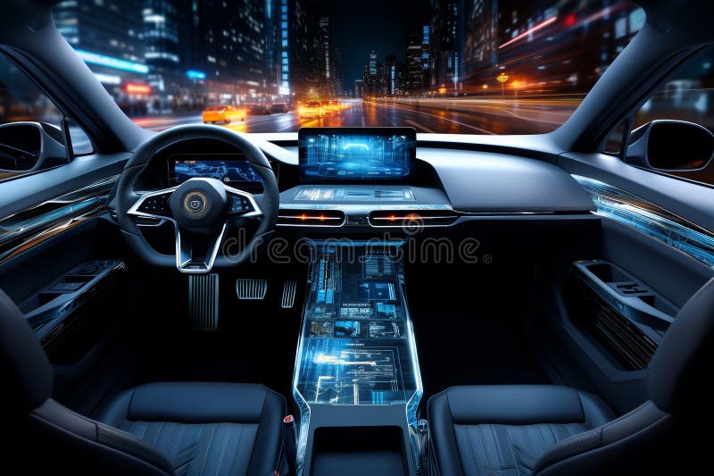 Modern Car Interior with Control Panel, Steering Wheel and Dashboard ...