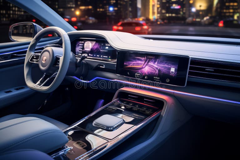 Modern Car Interior with Control Panel, Steering Wheel and Dashboard ...