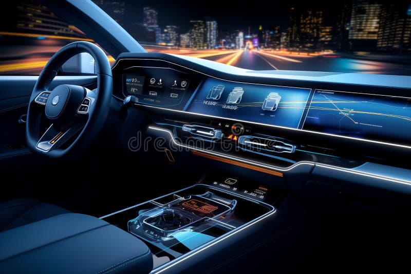 Modern Car Interior with Control Panel, Steering Wheel and Dashboard ...
