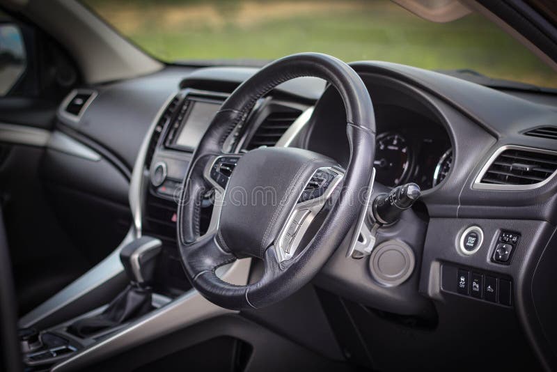 Modern Car Interior Dashboard and Steering Wheel, Close-up Stock Image ...