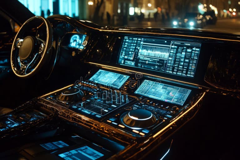 Modern Car Interior Featuring Multiple Digital Displays and Controls, Illuminated in Blue and ...