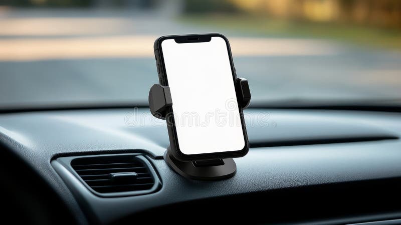 Modern Car Interior, Featuring Smartphone Mount on Dashboard with Blank ...