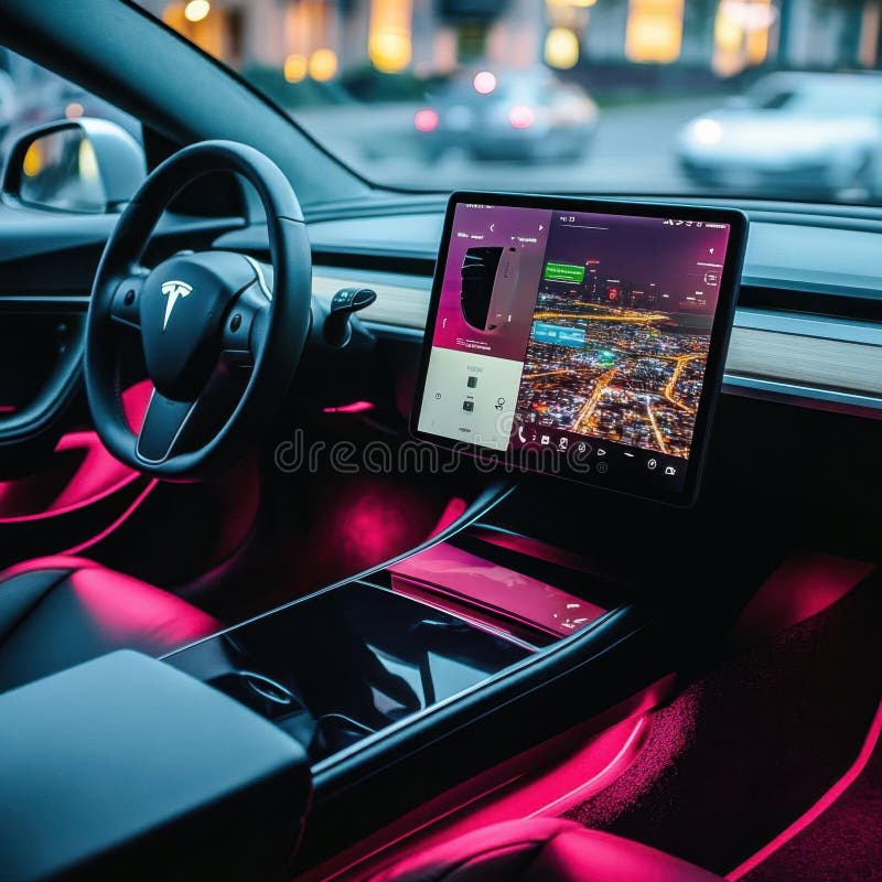 Modern Car Interior with Pink Ambient Lighting and Touchscreen Display ...