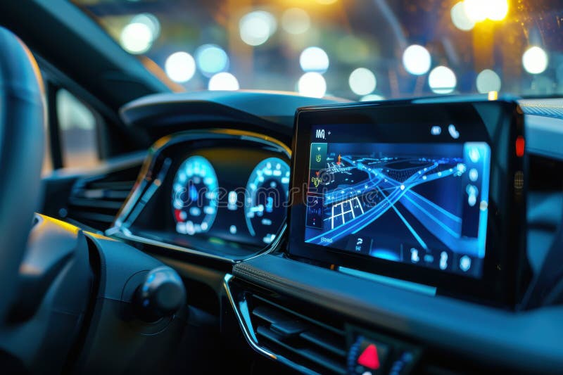 Modern Car Interior with a Sleek Dashboard, Illuminated Controls, and a ...
