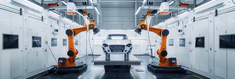 A Modern Car Painting Shop with Robotic Systems in Operation. the Sleek ...