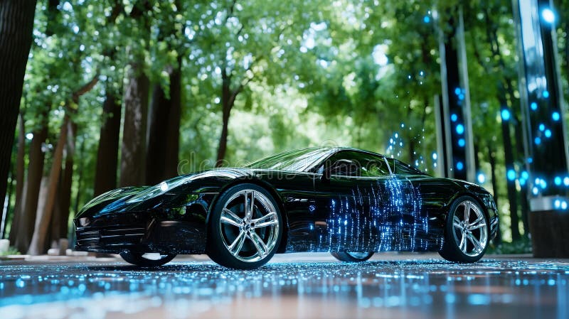 A Modern Car Parked Outdoors, Surrounded by a Subtle Holographic Shield ...