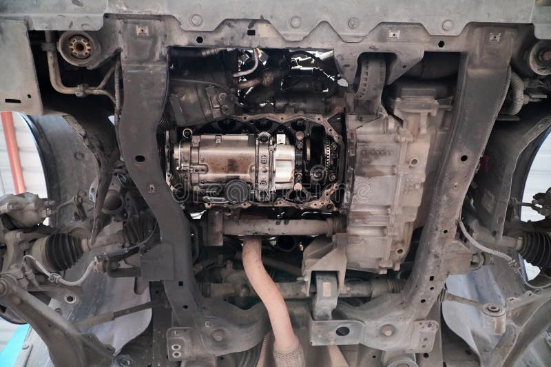 Modern Car in a Car Service on a Lift.replacing Flywheel and Clutch of ...