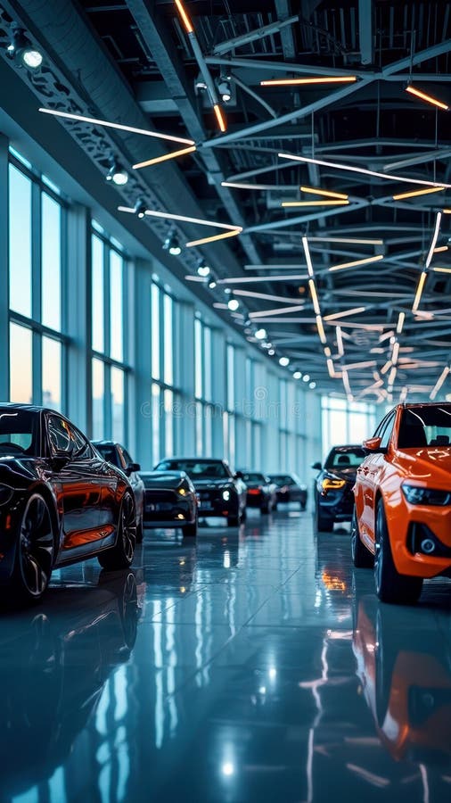 Modern Car Showroom with Luxury Vehicles Displayed Under Futuristic ...