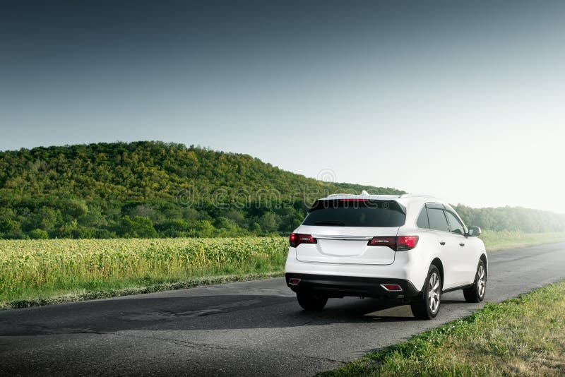 Modern Car Standing on Road at Sunset Stock Image - Image of landscape ...