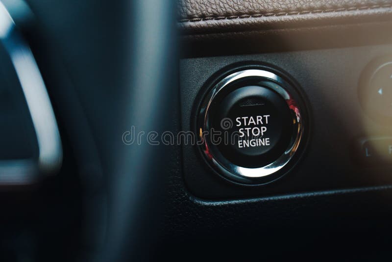 Modern Car Start and Stop Engine Button - Closeup of Modern Dashboard ...