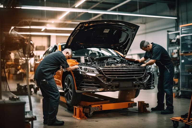 Modern Car Undergoing Repairs at a Service Station. Skilled Technicians ...
