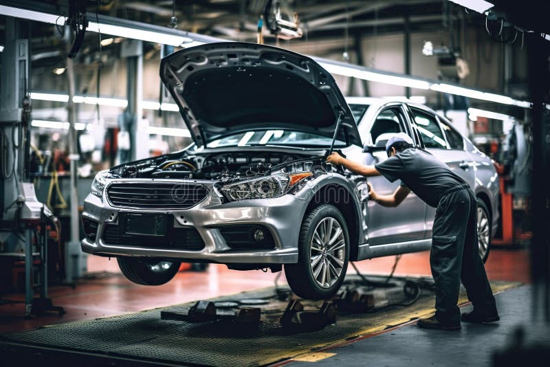 Modern Car Undergoing Repairs at a Service Station. Skilled Technicians ...