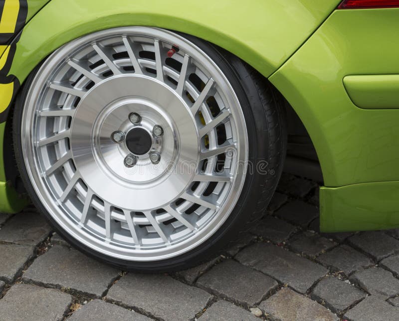 Modern Car Wheel with a Light Alloy Disc. Low Chassis Stock Photo ...