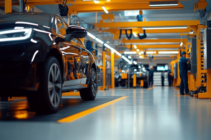 Modern Car Workshop with Mechanics at Work and Vibrant Yellow and ...