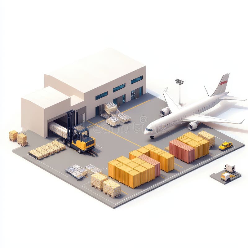 A Modern Cargo Facility with an Airplane, Forklift, and Stacked ...