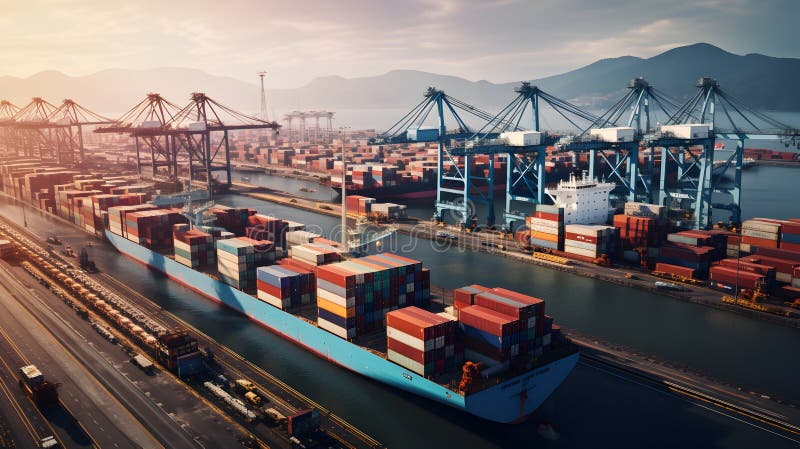 Modern Cargo Port with Container Ships and Cranes Stock Illustration ...