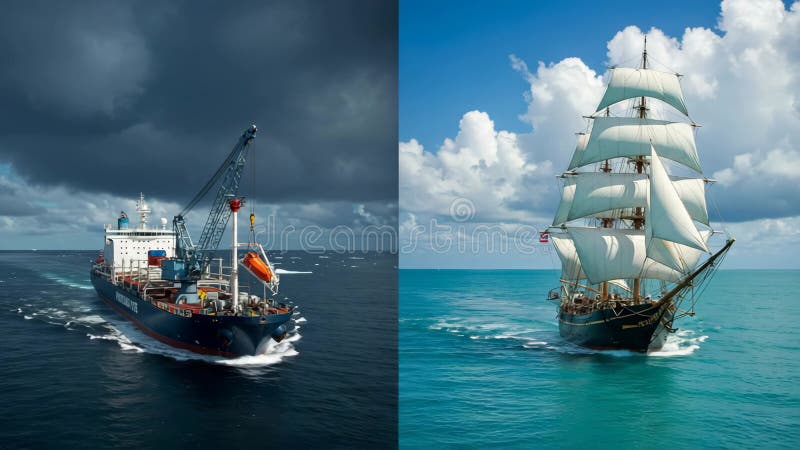 Modern Cargo Ship and Classic Sailing Ship at Sea Stock Video - Video ...