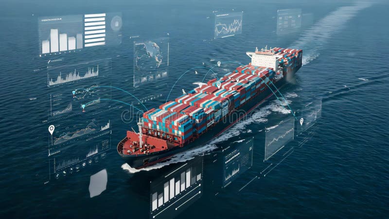 Modern Cargo Ship with Digital Mapping on the Ocean Stock Footage ...