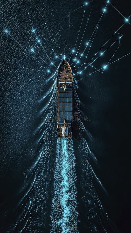 Modern Cargo Ship Navigating a Networked Sea Path Stock Illustration ...