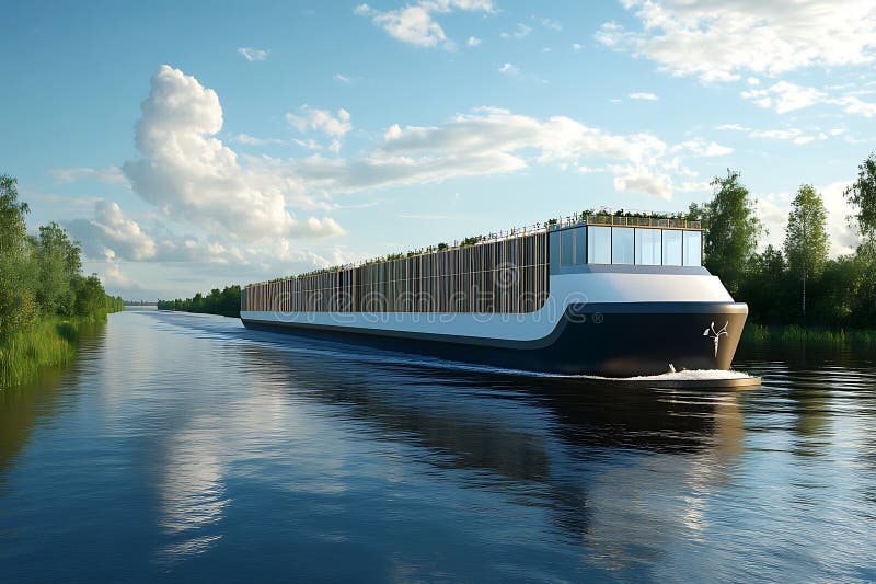 Modern Cargo Ship on a River Stock Illustration - Illustration of ship ...