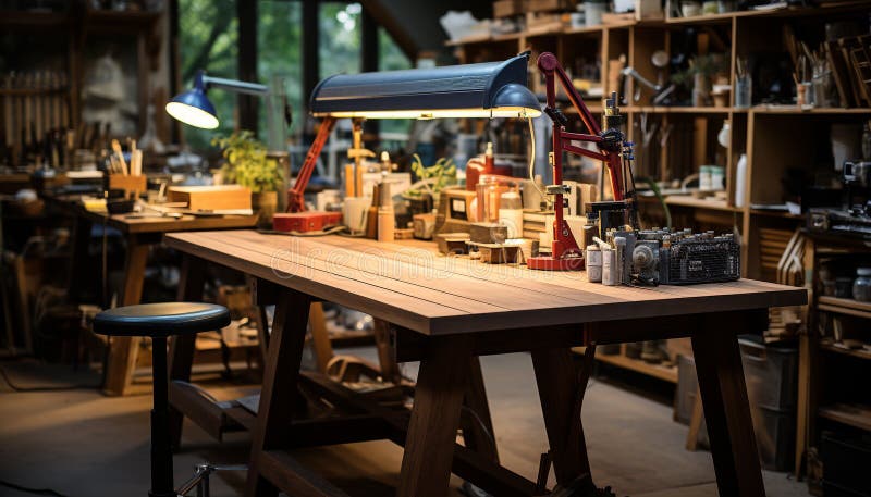 Modern Carpenter Workshop with Wood Materials and Tools on Shelves ...
