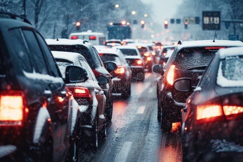 Modern Cars are Stuck in a Traffic Jam on a Highway in Winter Stock ...