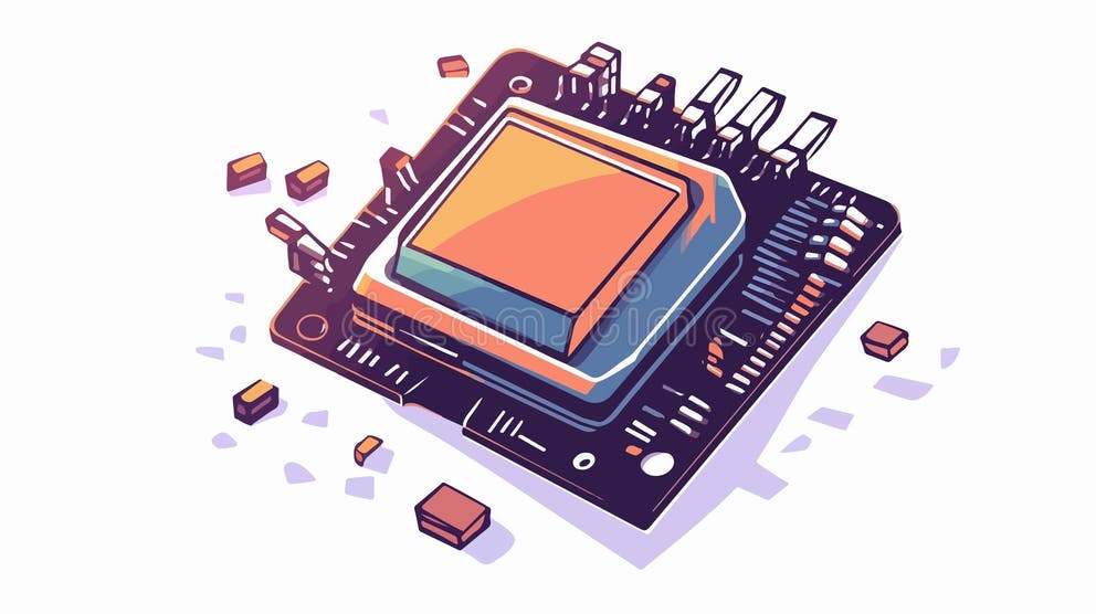 Modern Cartoon Computer Processor with Sign Vector Illustration Stock ...