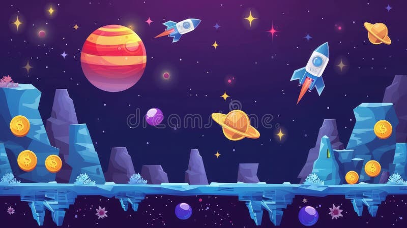 Modern Cartoon Illustration of Cosmos with Alien Planets, Stars, Coins ...