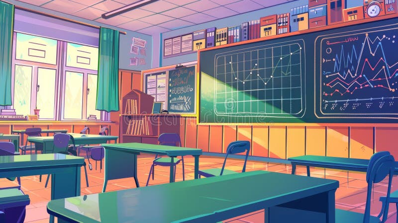 This Modern Cartoon Illustration Depicts an Empty Classroom Interior ...