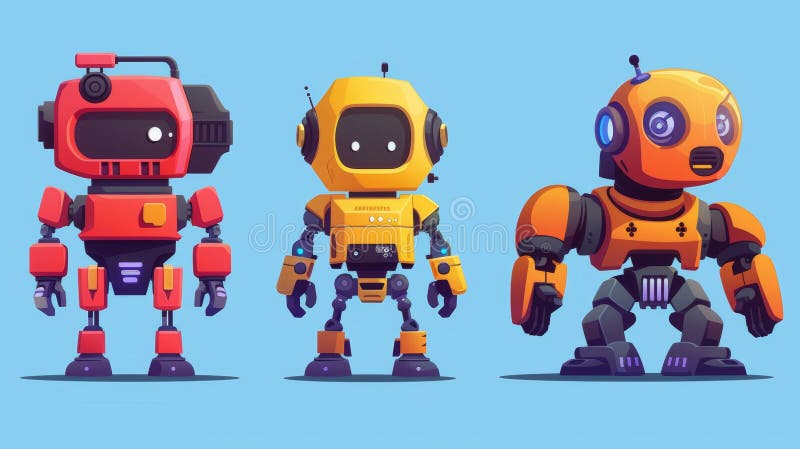 Modern Cartoon Illustration Of The Level Evolution Of An Ai Robot Character Through Game Tech
